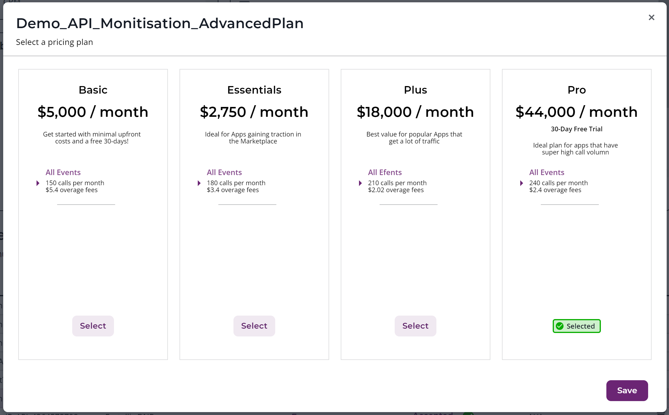 If a new API is added, click Select Plan , then select a suitable ...