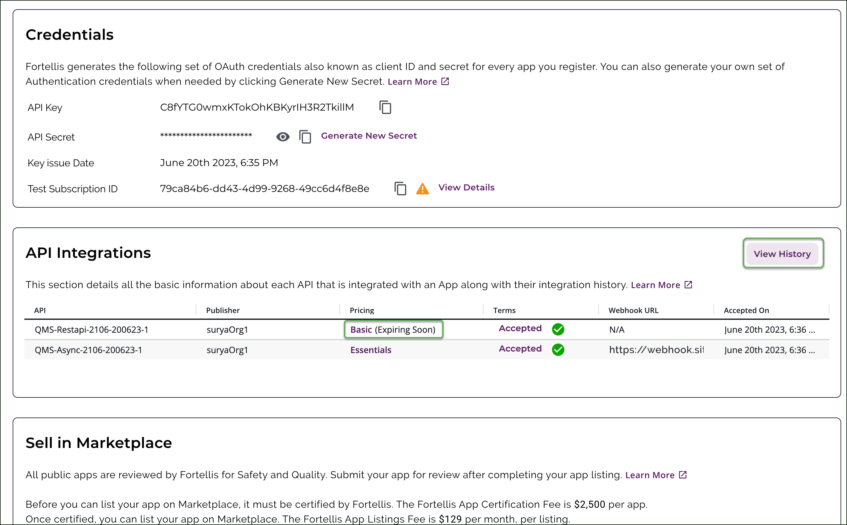 Click the View History button to view the API Integration History page. This page provides an ...