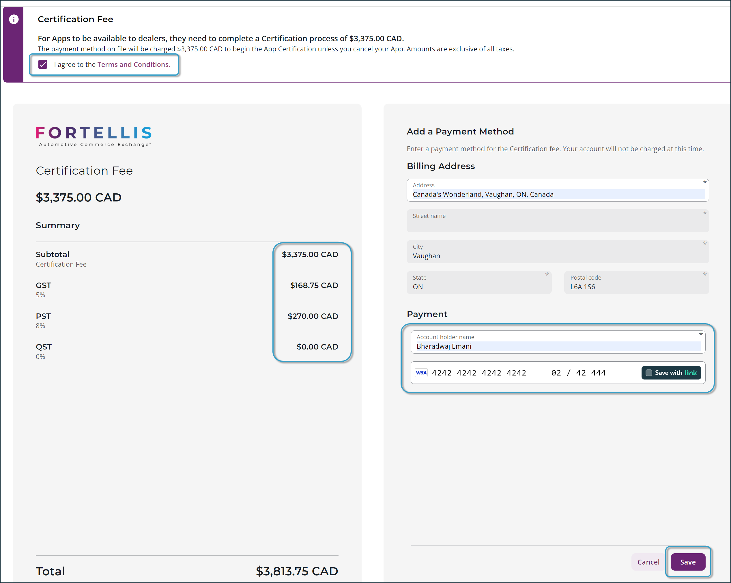 Note: Fortellis does not save your card information but it can reflect the details from the ...