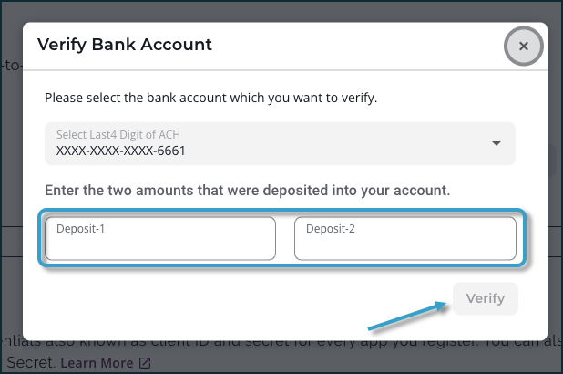 Enter the two micro deposit amounts received in your account and select ...